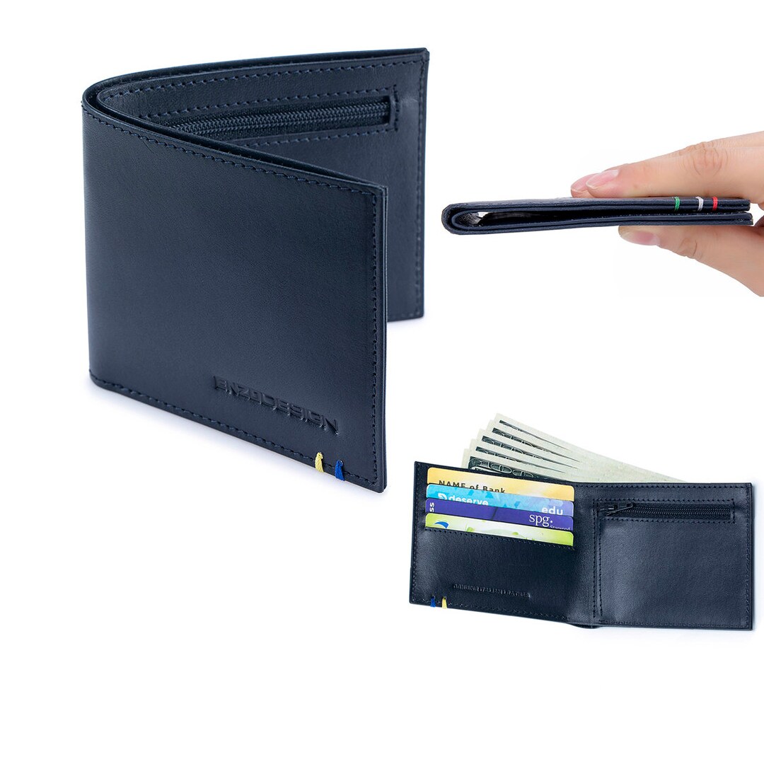 ENZODESIGN, Italian Leather, Slim Bifold Wallet, 6 Card Slots, Zipper ...