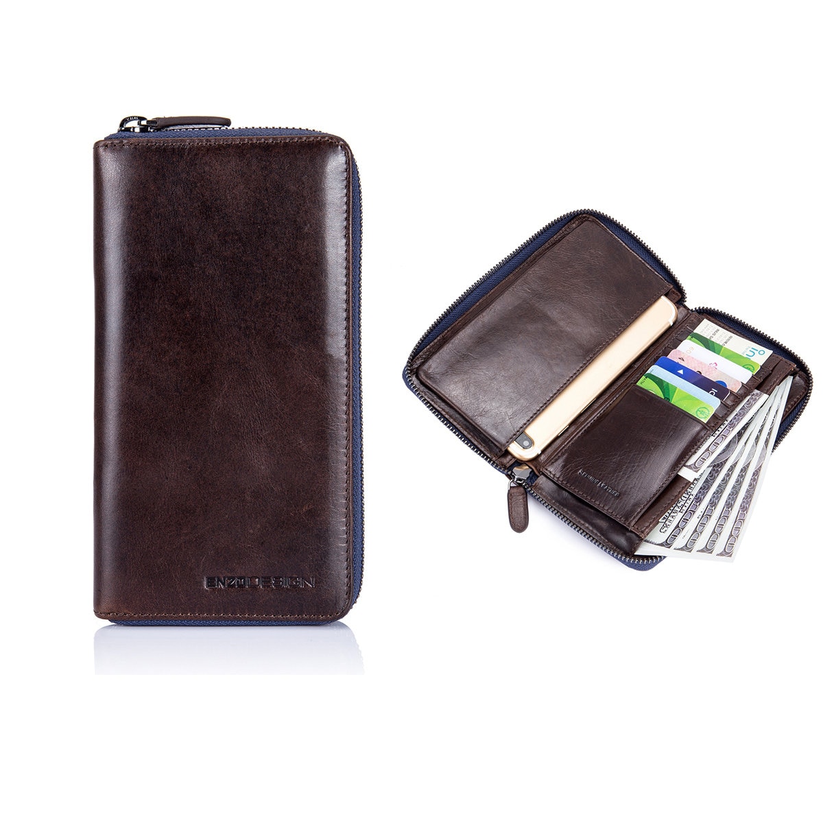ENZODESIGN, Full Grain Soft Leather, Zip Around Wallet, Cell Phone ...