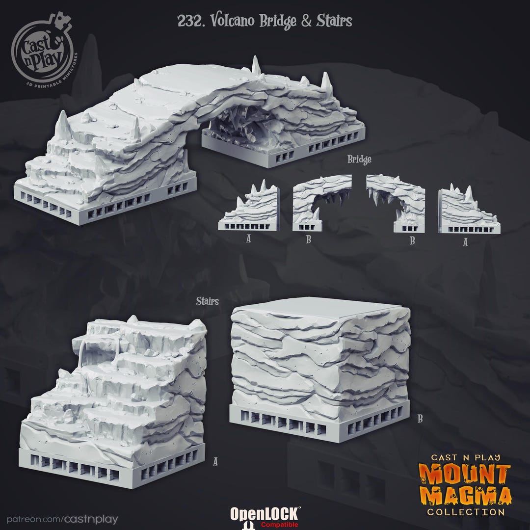 Modular Volcano Lava Bridge and Stair Tiles Paintable 3D Printed With ...