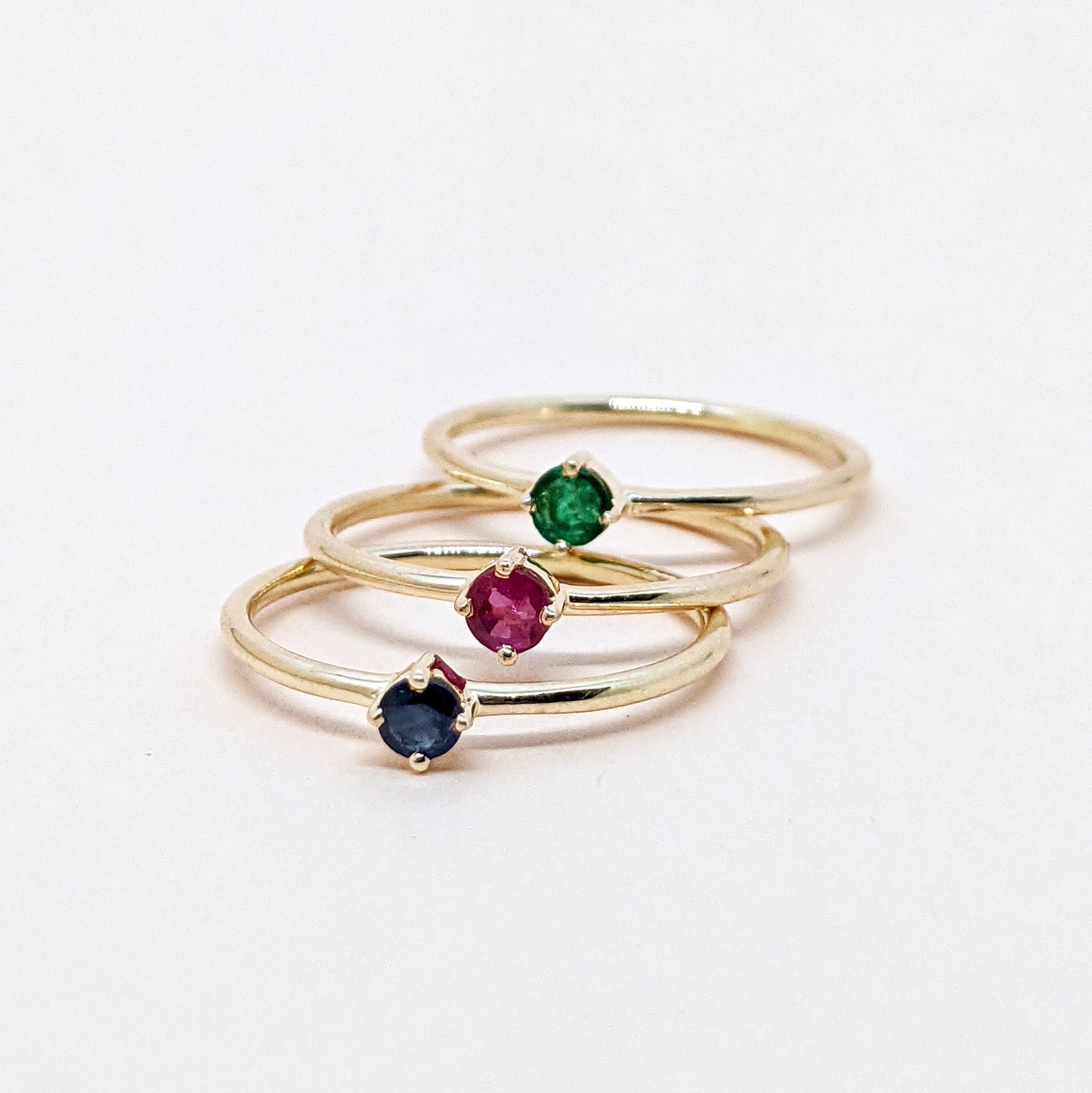 14k Gold Ruby, Emerald, Sapphire Stackable Ring Minimal Gold Ring Set ...