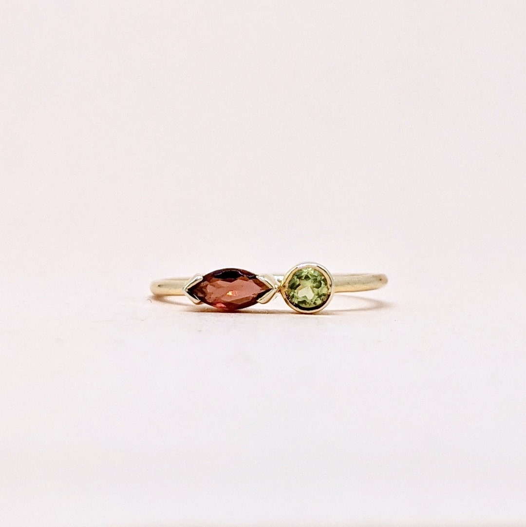 14k Gold Garnet Peridot Ring Multi Stone Ring Art Deco Ring Fine Dainty ...