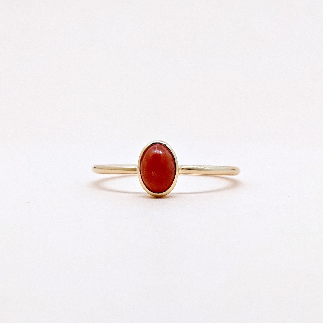 14k Gold Red Coral Ring Stackable Ring Minimal Gold Ring Fine Dainty ...