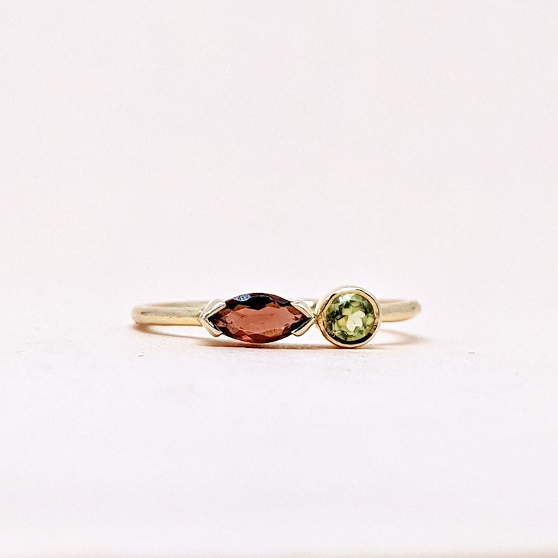 14k Gold Garnet Peridot Ring Multi Stone Ring Art Deco Ring Fine Dainty ...