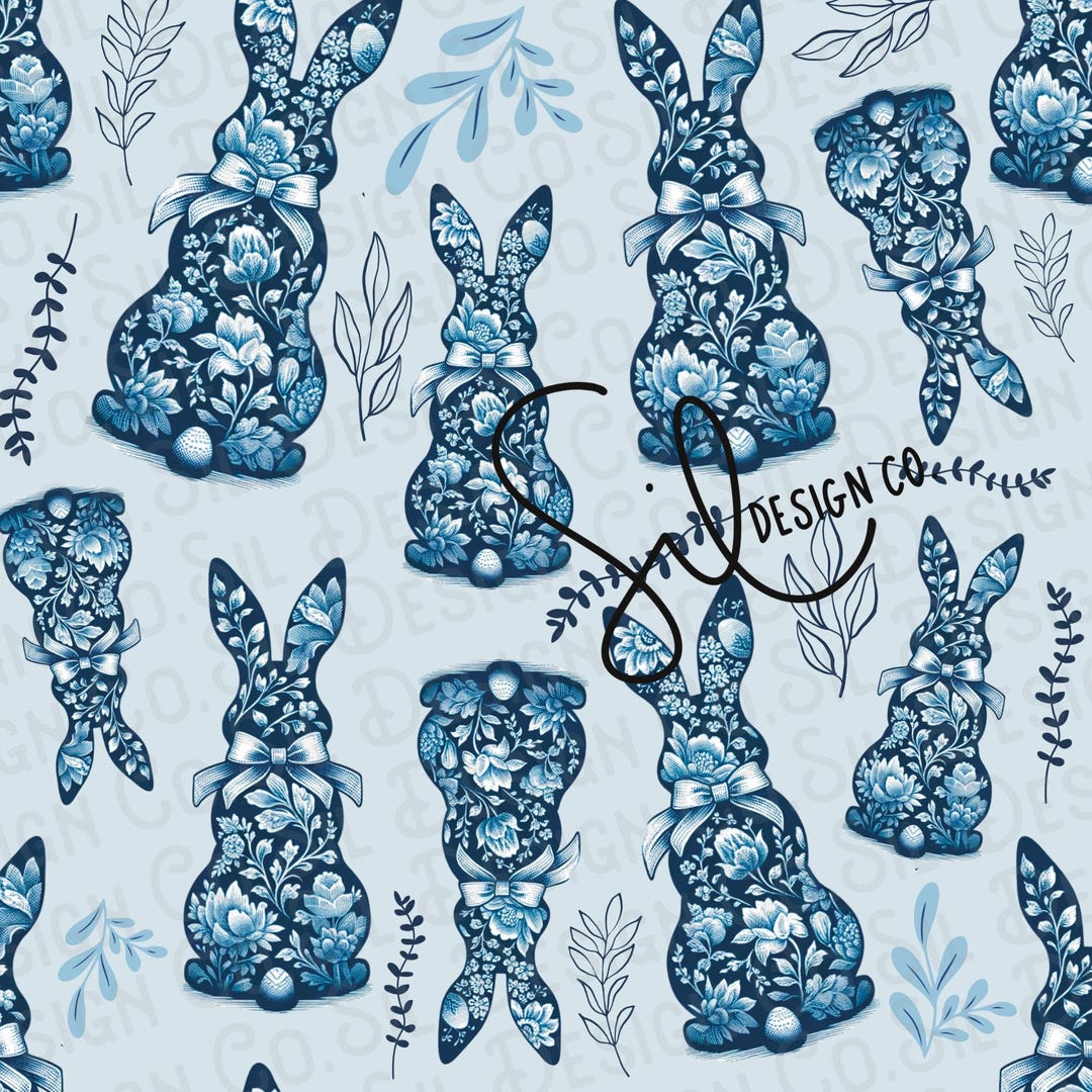 Blue Floral Easter Bunny Seamless Pattern (JPEG) - Etsy