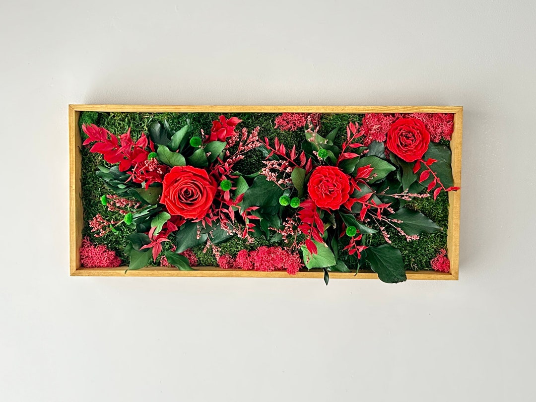 Tableau végétal stabilisé avec roses rouges 45x20 cm - Etsy France