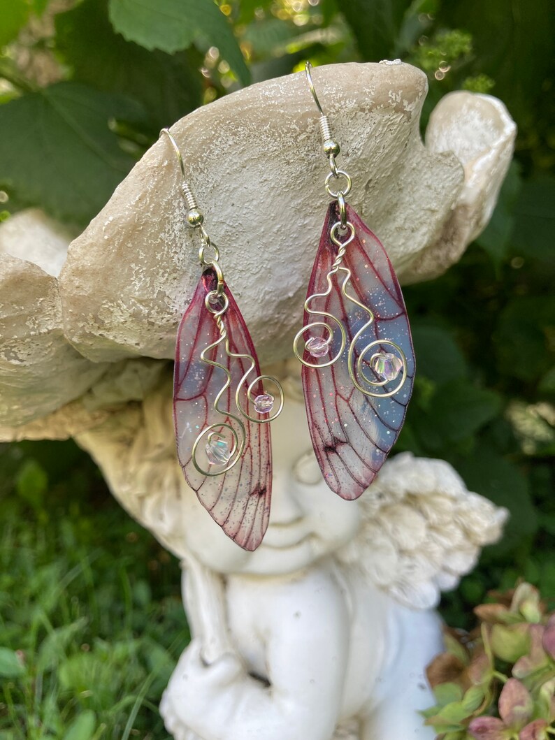 Pink Fairy Wing Earrings - Cicada Crystal Dangles - Sterling Silver ...