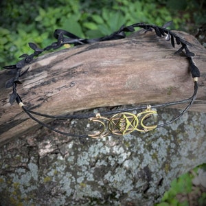Triple Goddess Circlet- Black Wiccan Crown - Handmade Adjustable Moon ...