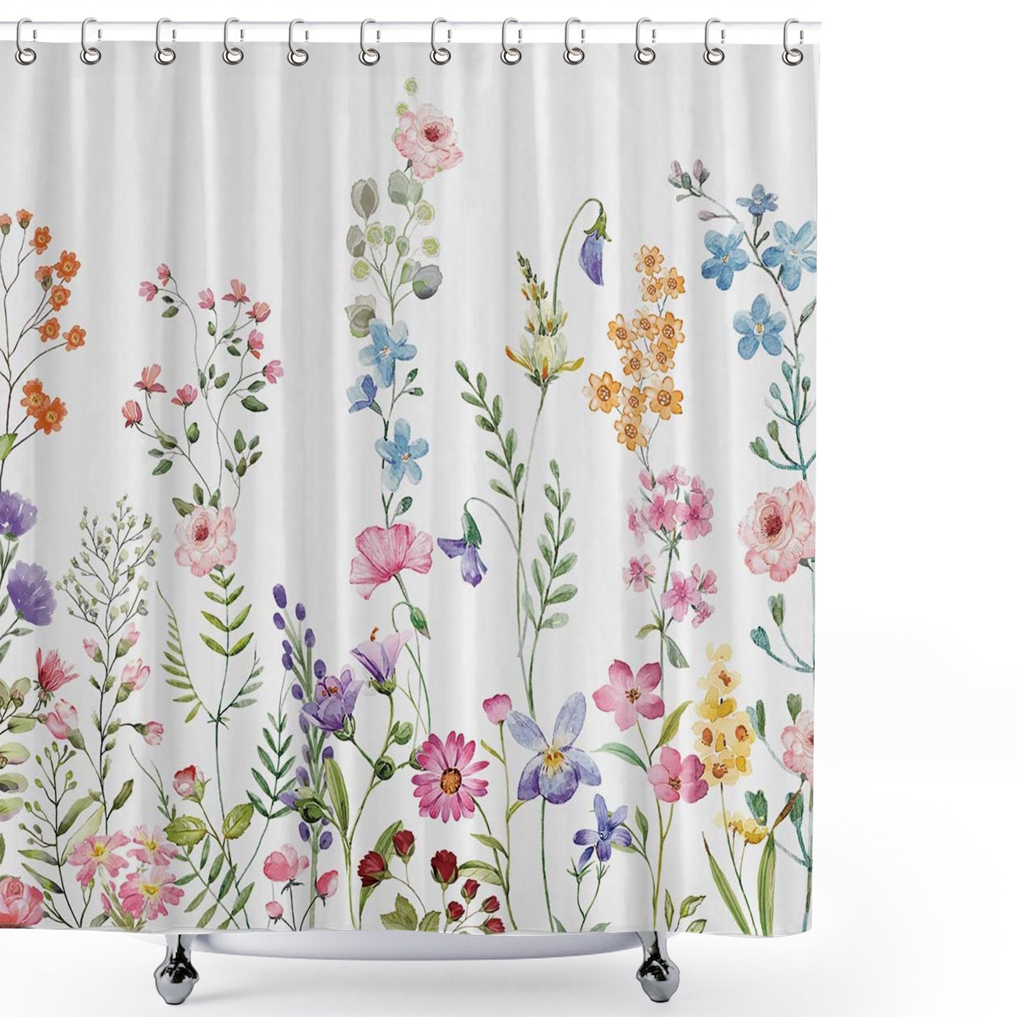 Floral Plant Watercolor Flower Shower Curtain Set With Hooks | Etsy
