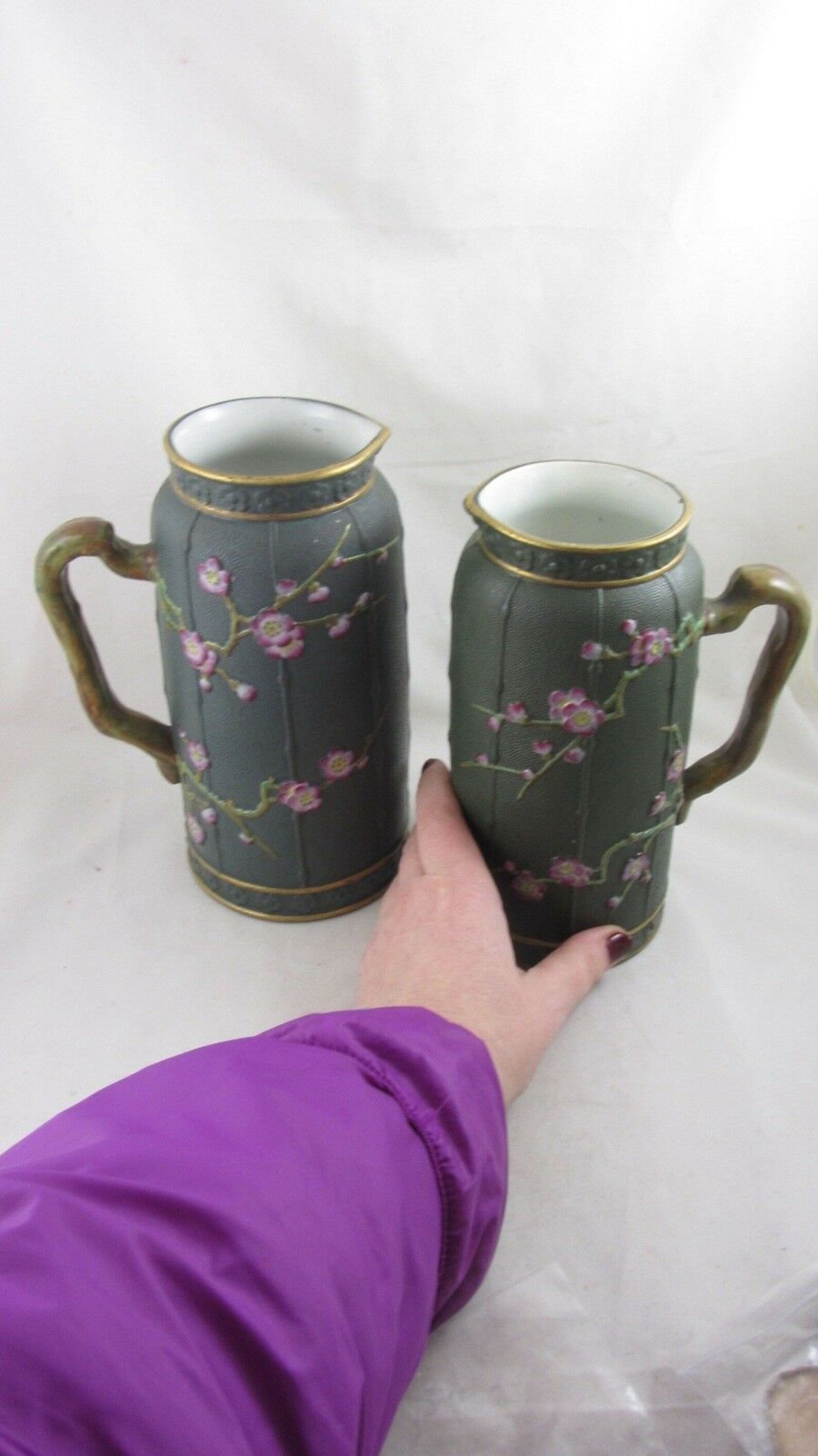 Antique Pinder Bourne Staffordshire Pottery Jugs Cherry Blossom Prunus ...
