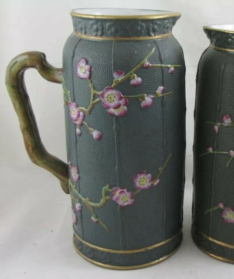 Antique Pinder Bourne Staffordshire Pottery Jugs Cherry Blossom Prunus ...