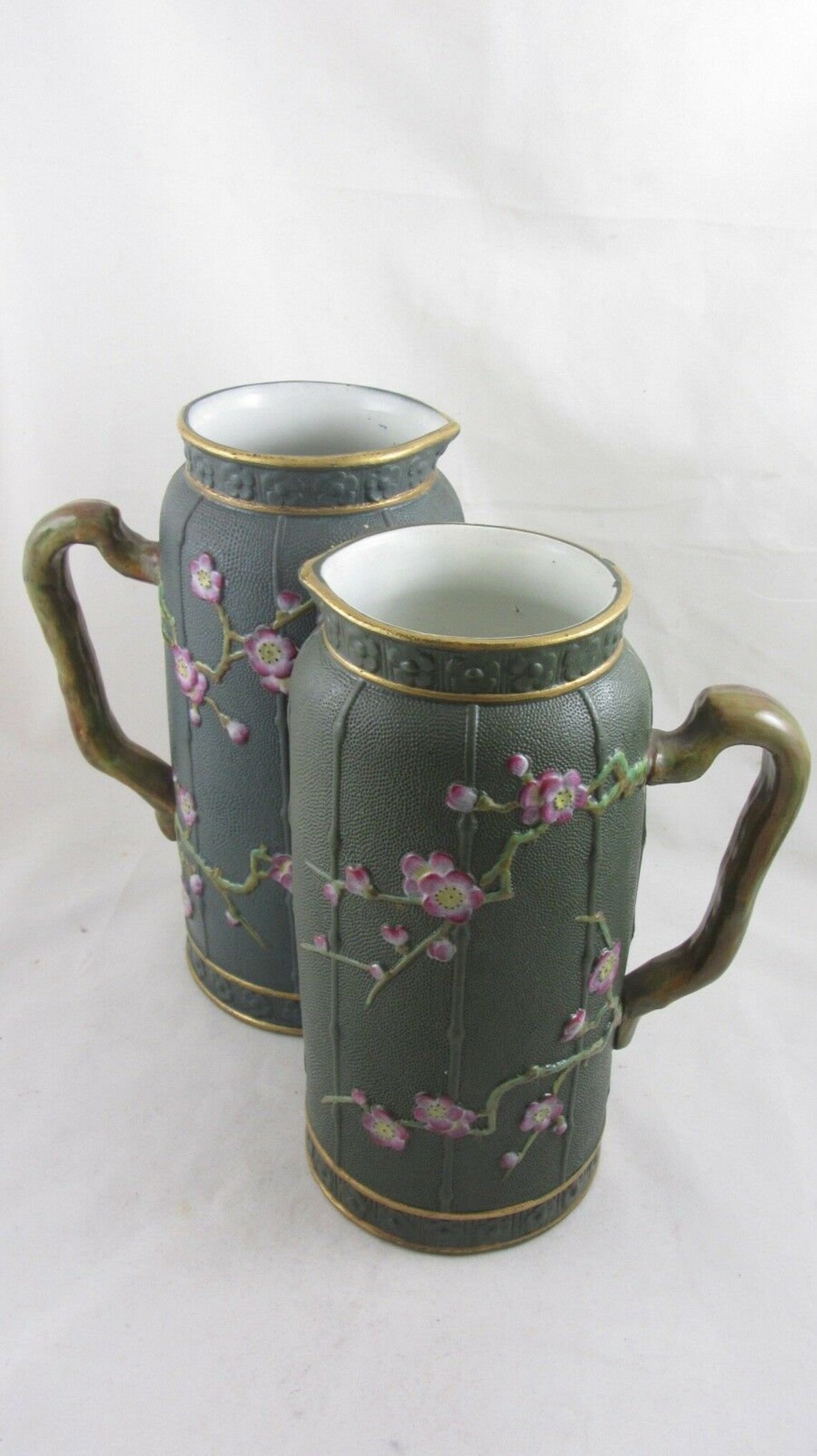 Antique Pinder Bourne Staffordshire Pottery Jugs Cherry Blossom Prunus ...