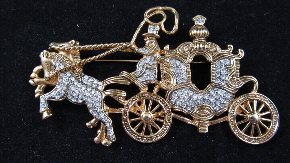 Vintage Horse Carriage Coach Brooch Pin Rhinestones Cinderella Princess ...