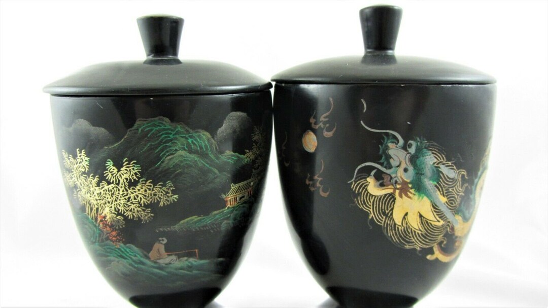 Vintage Chinese Lacquer Covered Cups Dragon and Pearl Fishing Landscape ...