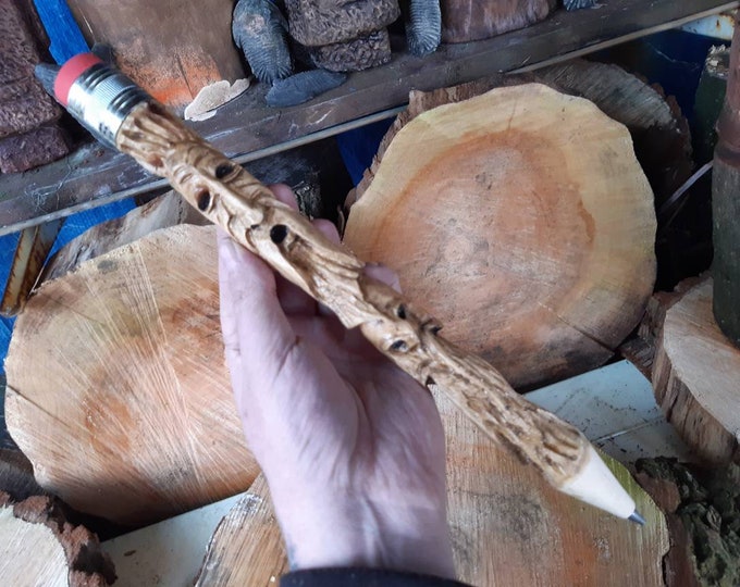 Giant Hand Carved Wooden Pencil With Wood Spirit Faces - Etsy