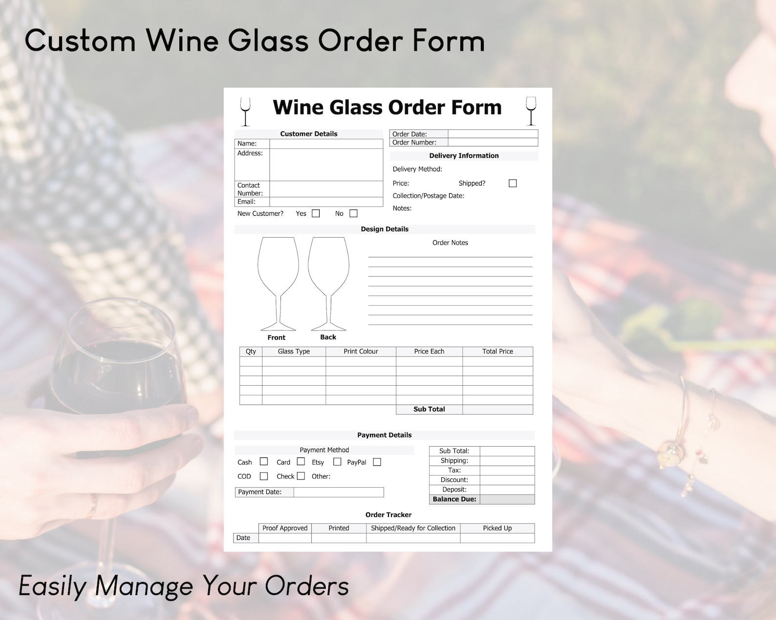 Wine Glass Order Form Template Easy Craft Order Forms - Etsy UK