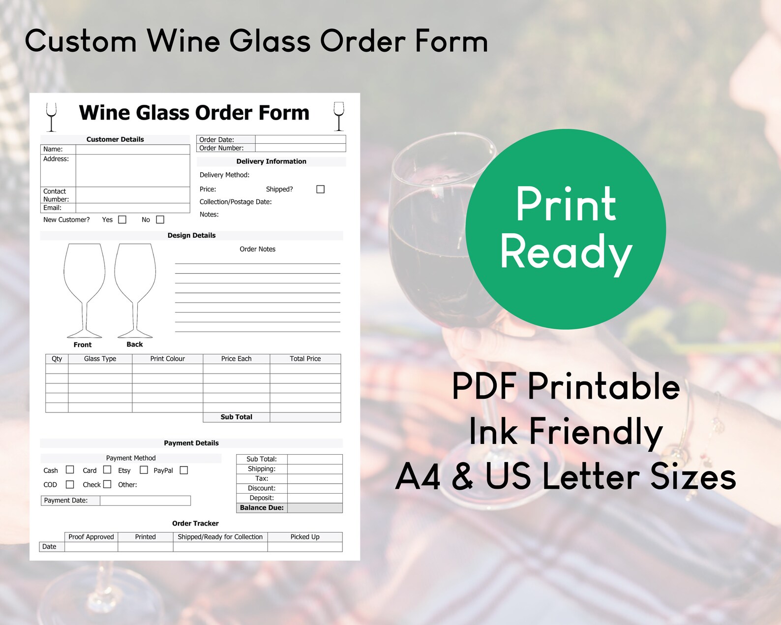 Wine Glass Order Form Template Easy Craft Order Forms | Etsy