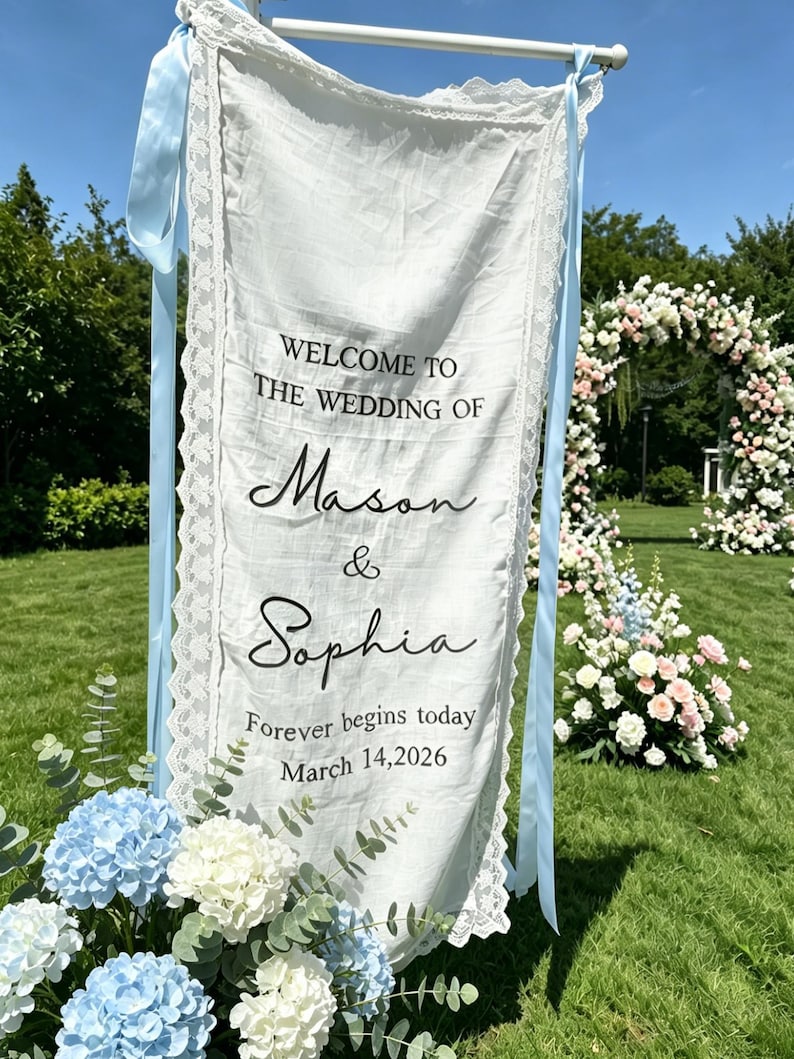 Wedding Embroidered Linen Welcome Sign • Custom Fabric Banner, Lace ...