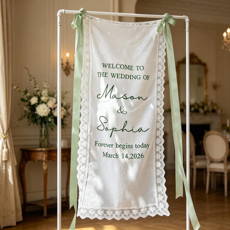 Wedding Embroidered Linen Welcome Sign • Custom Fabric Banner, Lace ...