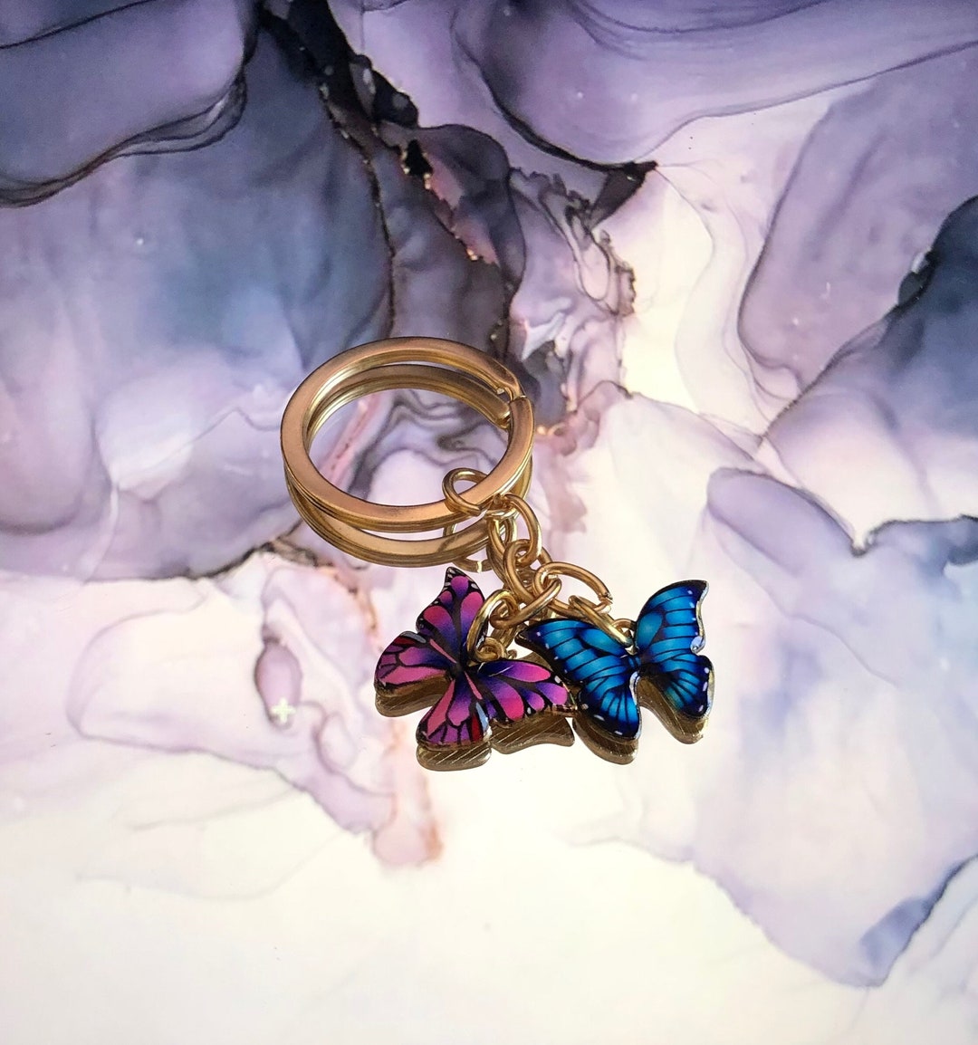 Custom Gold Double Two Butterfly Charm Keychain Key Fob Ring - Etsy