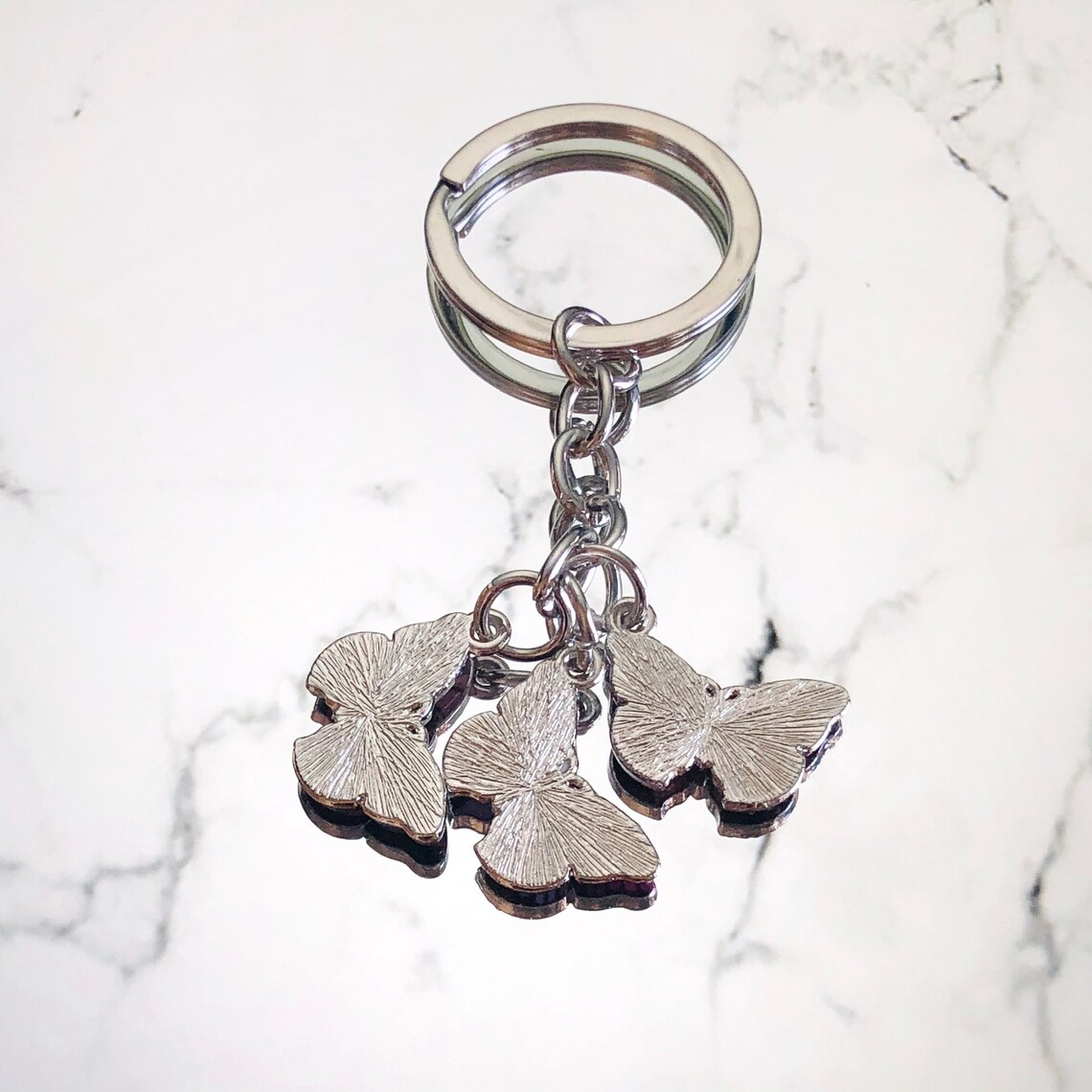 Custom Silver Cluster Three Triple Butterfly Charm Keychain Key Fob ...