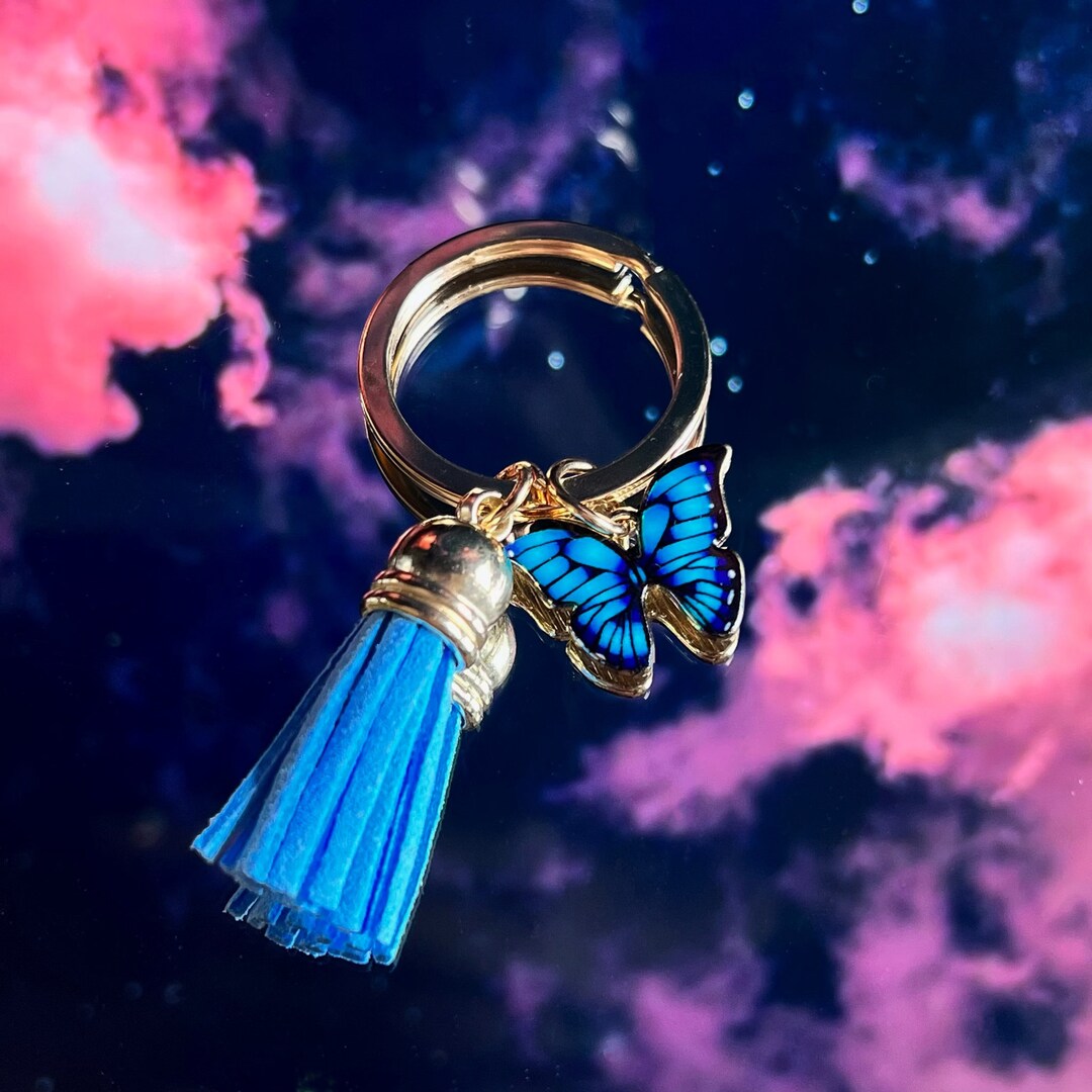Custom Gold Blue Tassel Butterfly Charm Keychain Key Fob Ring Chain for ...
