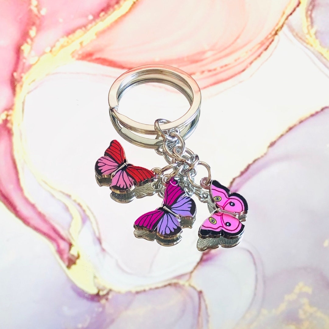 Custom Silver Cluster Three Triple Butterfly Charm Keychain Key Fob ...