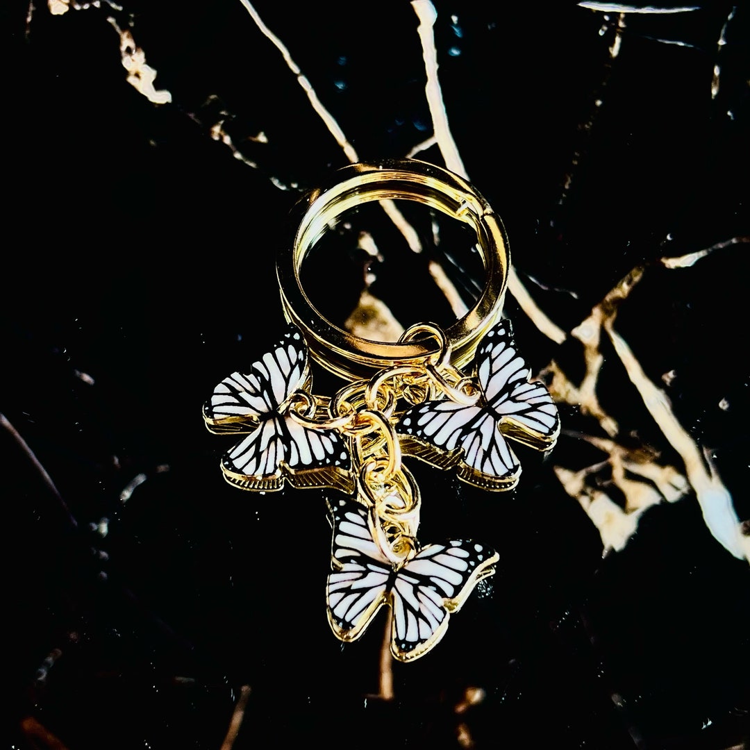 NEW Custom Gold Black and White Three Triple Butterfly Charm Keychain ...