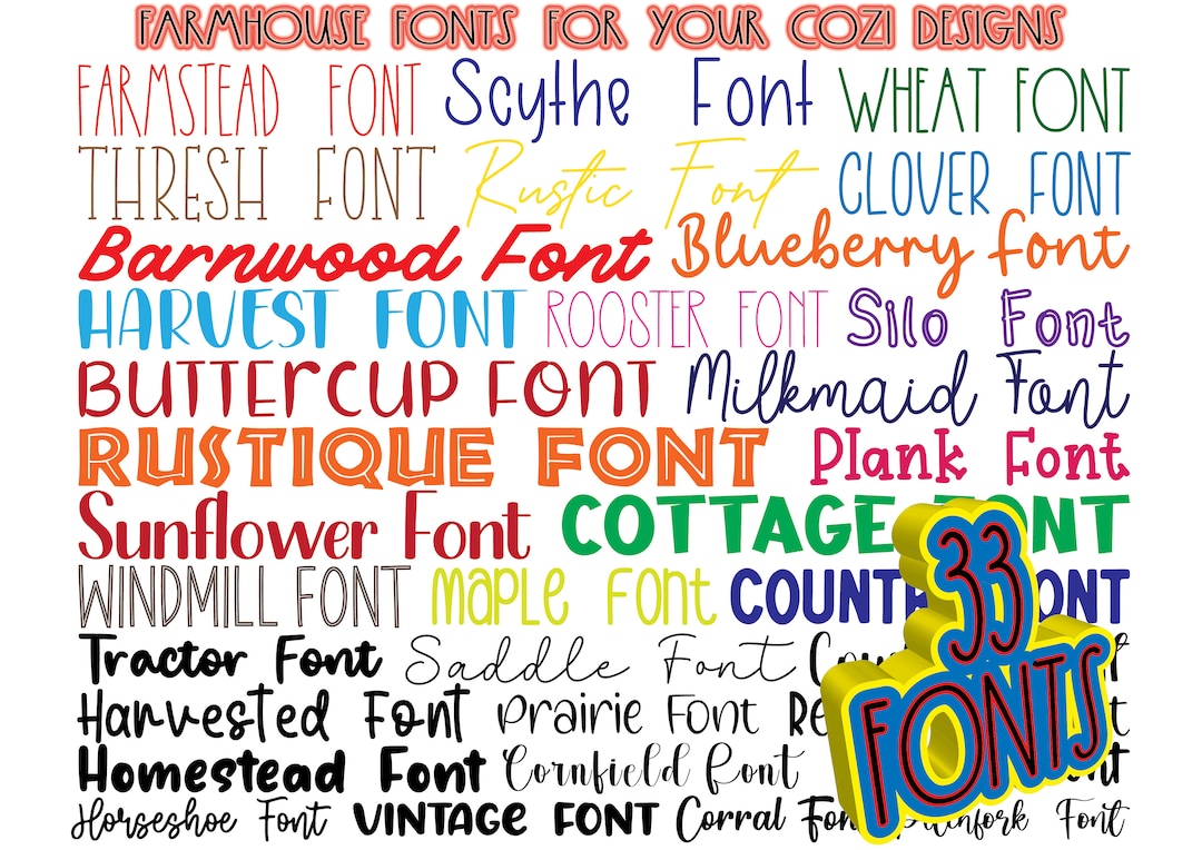 Farmhouse Font Bundle: 33 Rustic Country Fonts (SVG/TTF Digital ...