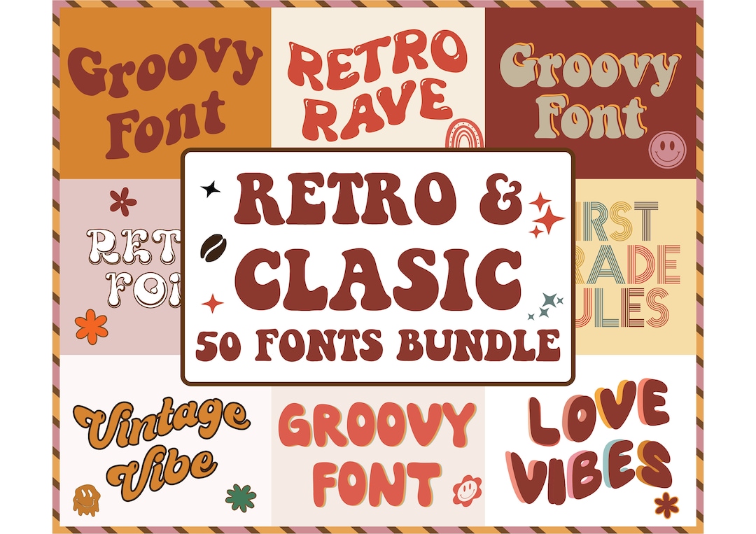 50 RETRO FONT BUNDLE Groovy Font, Font Bundle, Retro Font, Vintage Font ...