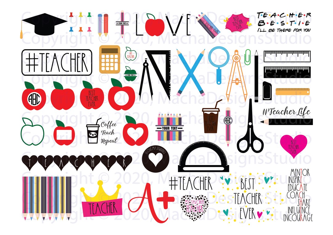 Teacher SVG Bundle: School Designs, Graduation Cap (instant Download ...