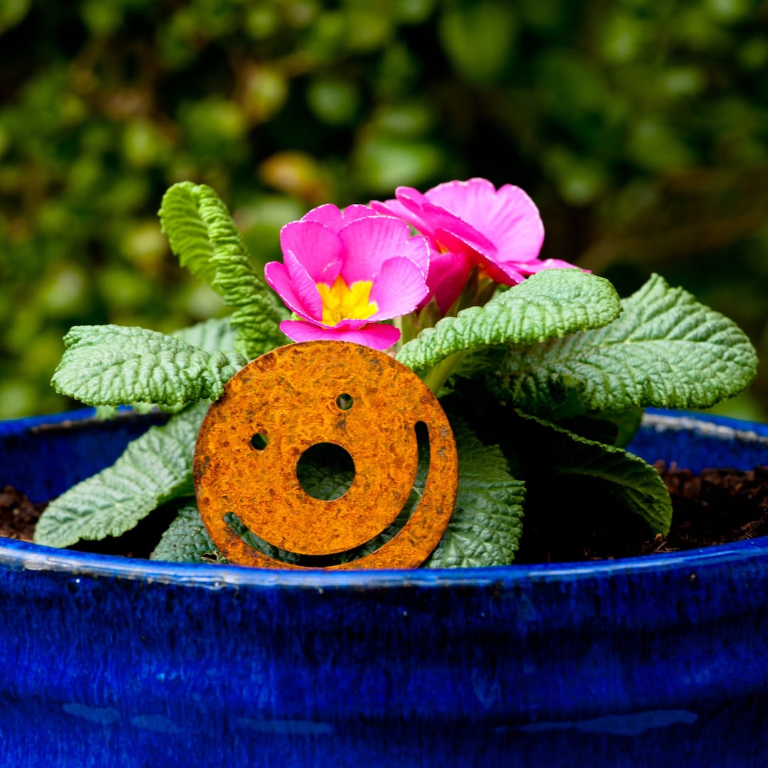 Happy Face, Smiley Face, Metal Plant Pot Spike, Rusty Garden Art ...