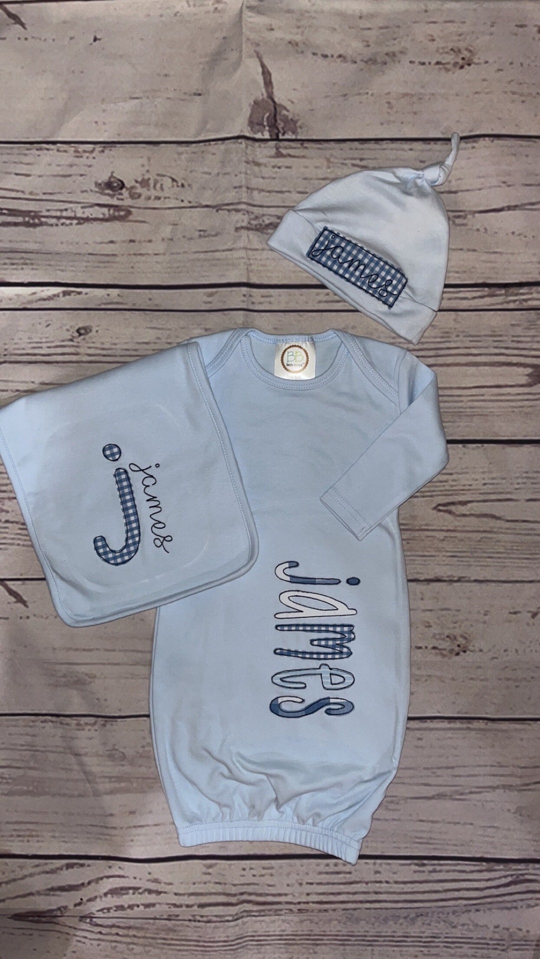 Personalized Embroidered Baby Boy Gown, Hat, and Burp Cloth Set ...