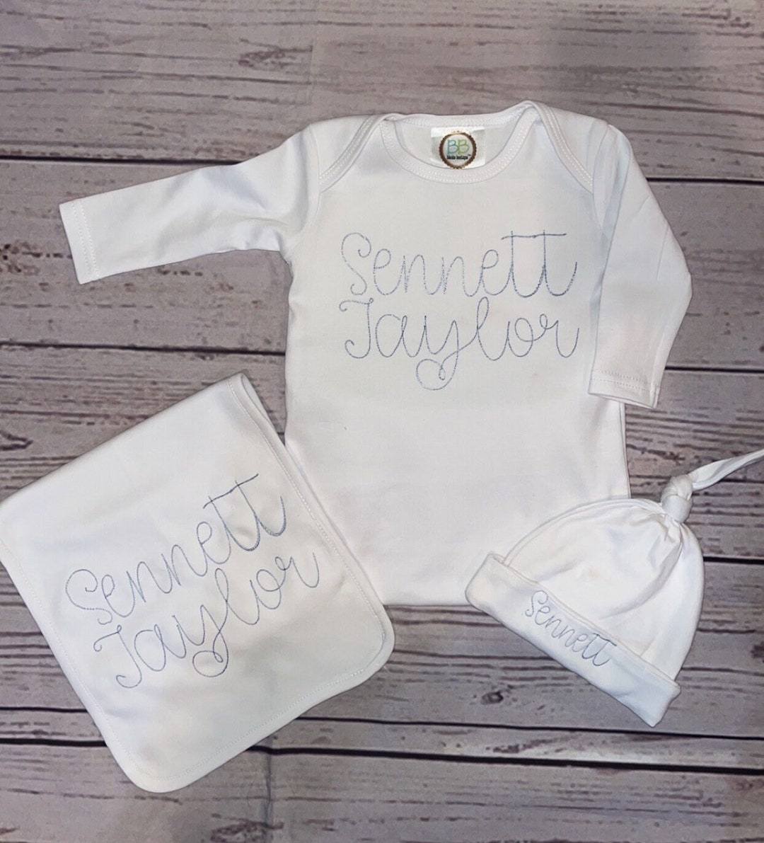 Personalized Embroidered Baby Boy Gown, Hat, and Burp Cloth Set ...