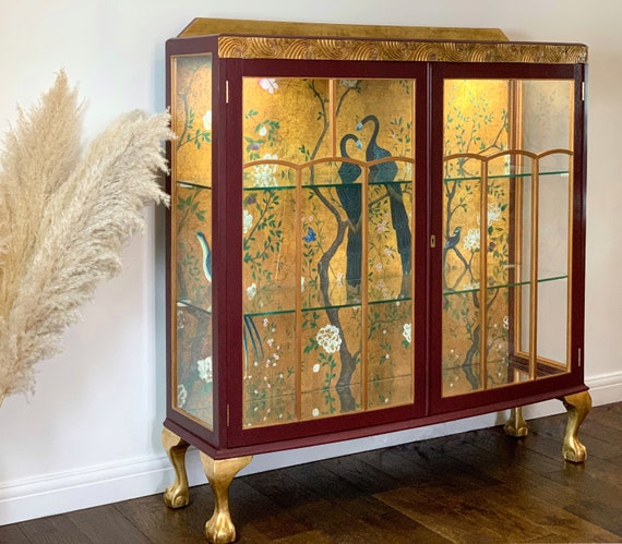 Glass Display Cabinet Glass Cocktail Cabinet Peacock Display Cabinet Upcycled Gin Cabinet Chinoiserie Cabinet Made to Order Design Etsy