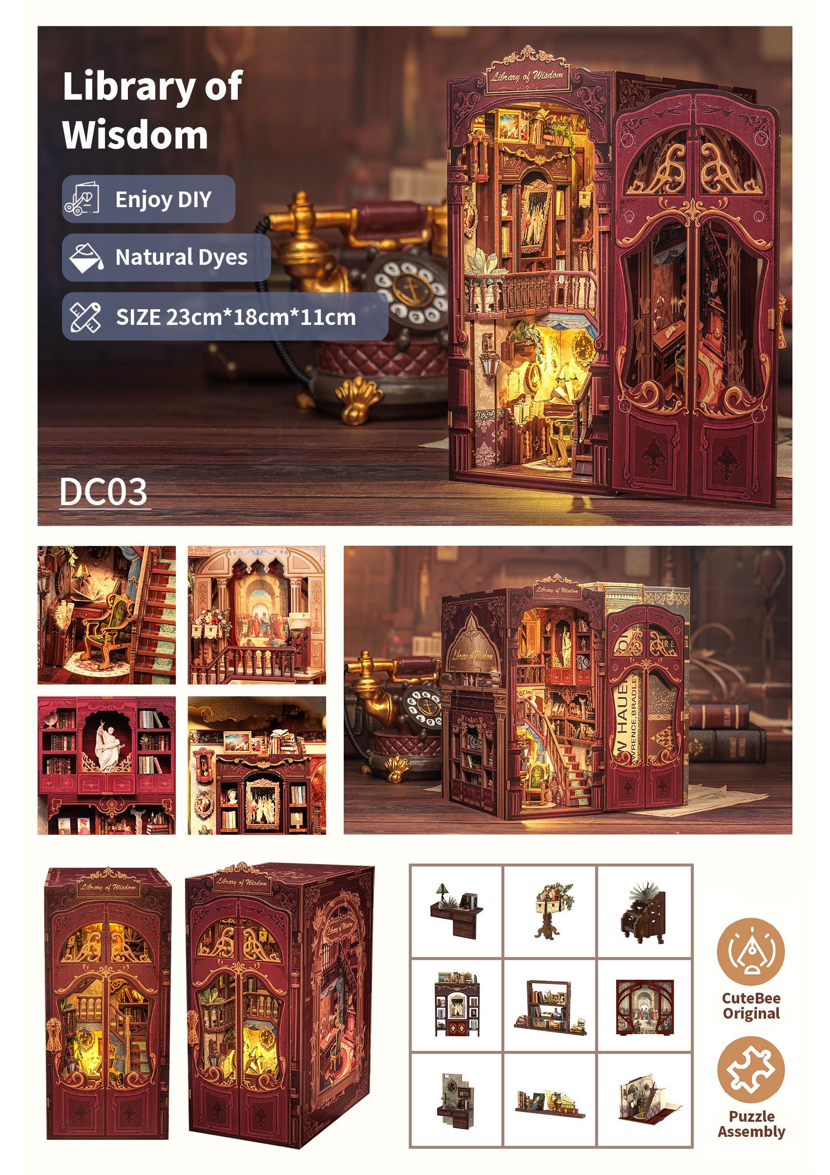DIY Book Nook Kit - Library of Wisdom, Miniature House With LED Light ...