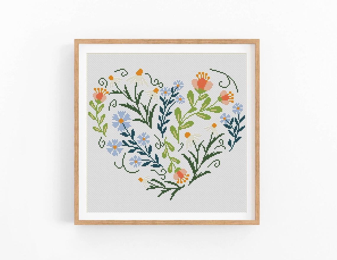 Modern Cross Stitch Pattern Flower Heart Love, Valentines Day ...