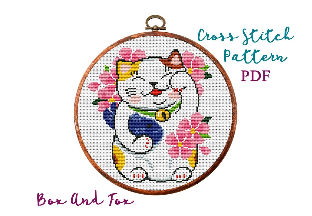 Lucky Cat and Blue Fish. Modern Cross Stitch Pattern. Counted Cross ...