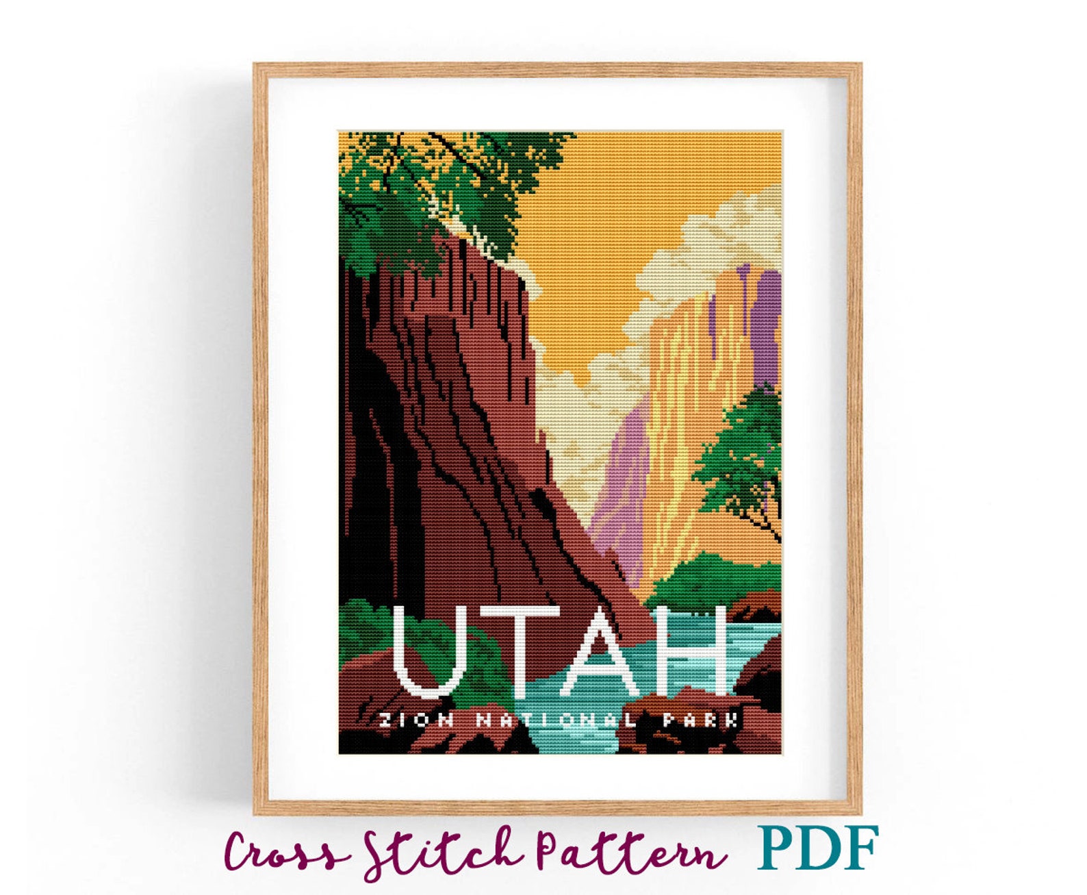 Utah. Zion National Park Cross Stitch Pattern. Retro Travel Poster US ...