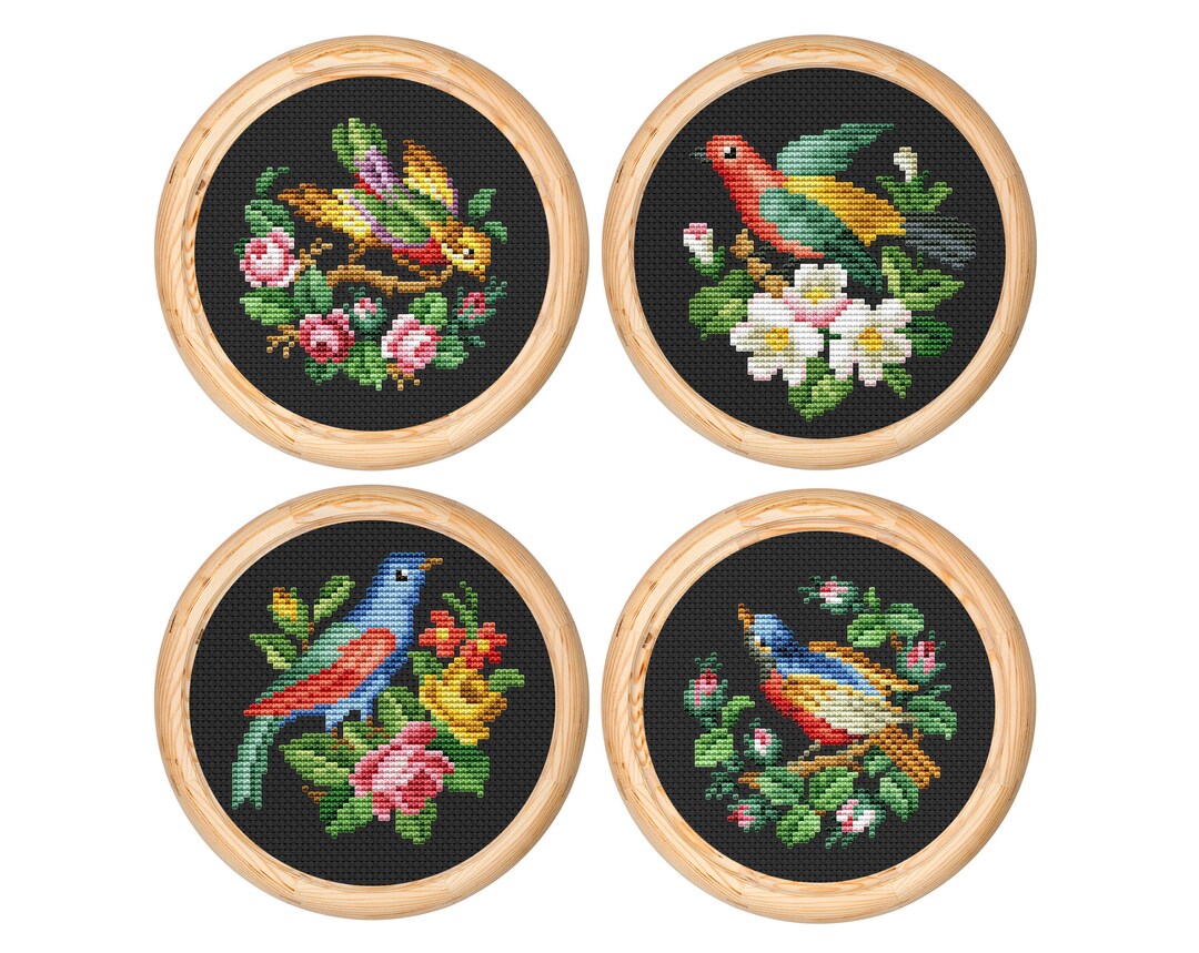 Set of 4 Vintage Cross Stitch Pattern, Flower Bird Rose Victorian ...