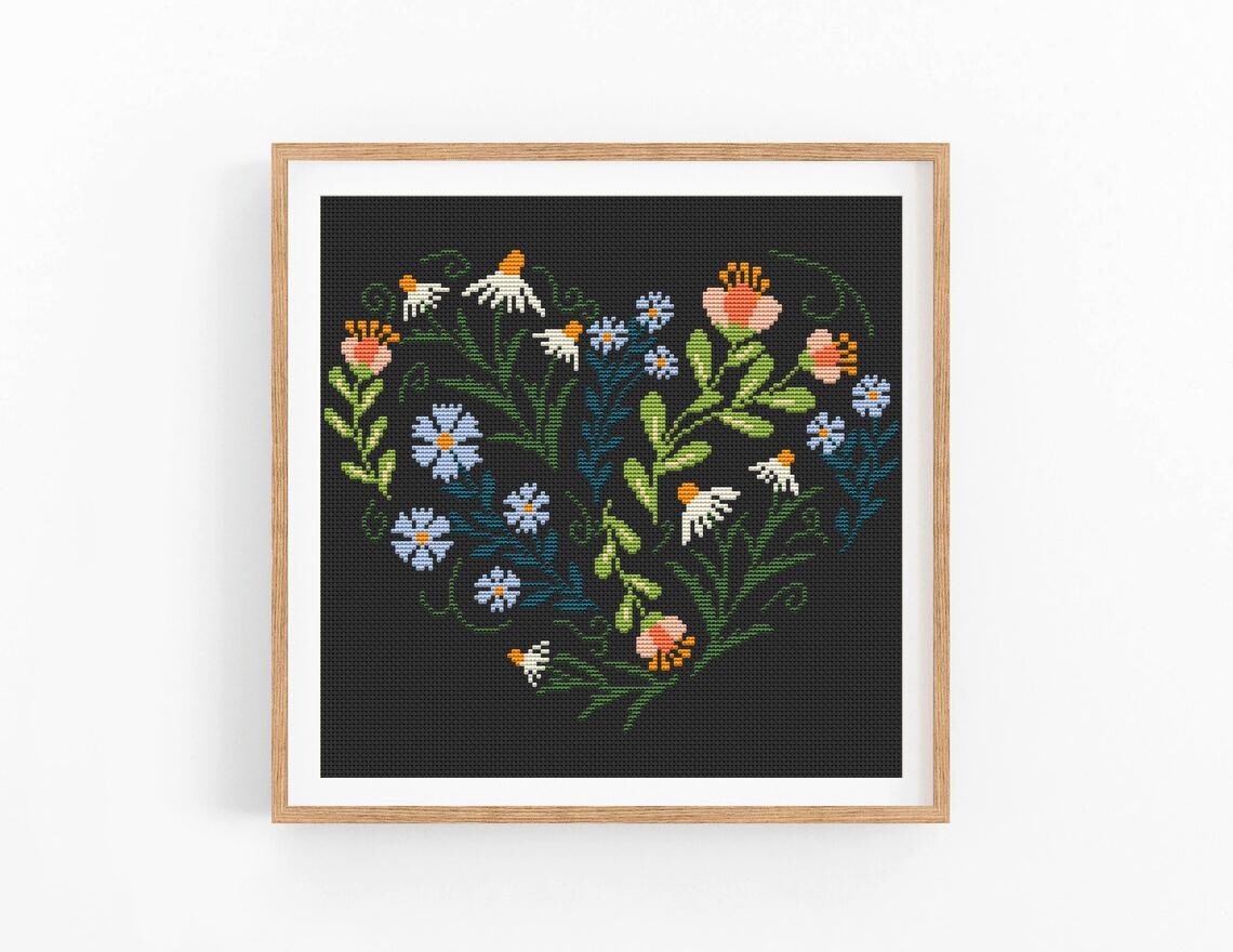 Modern Cross Stitch Pattern Flower Heart Love, Valentines Day ...