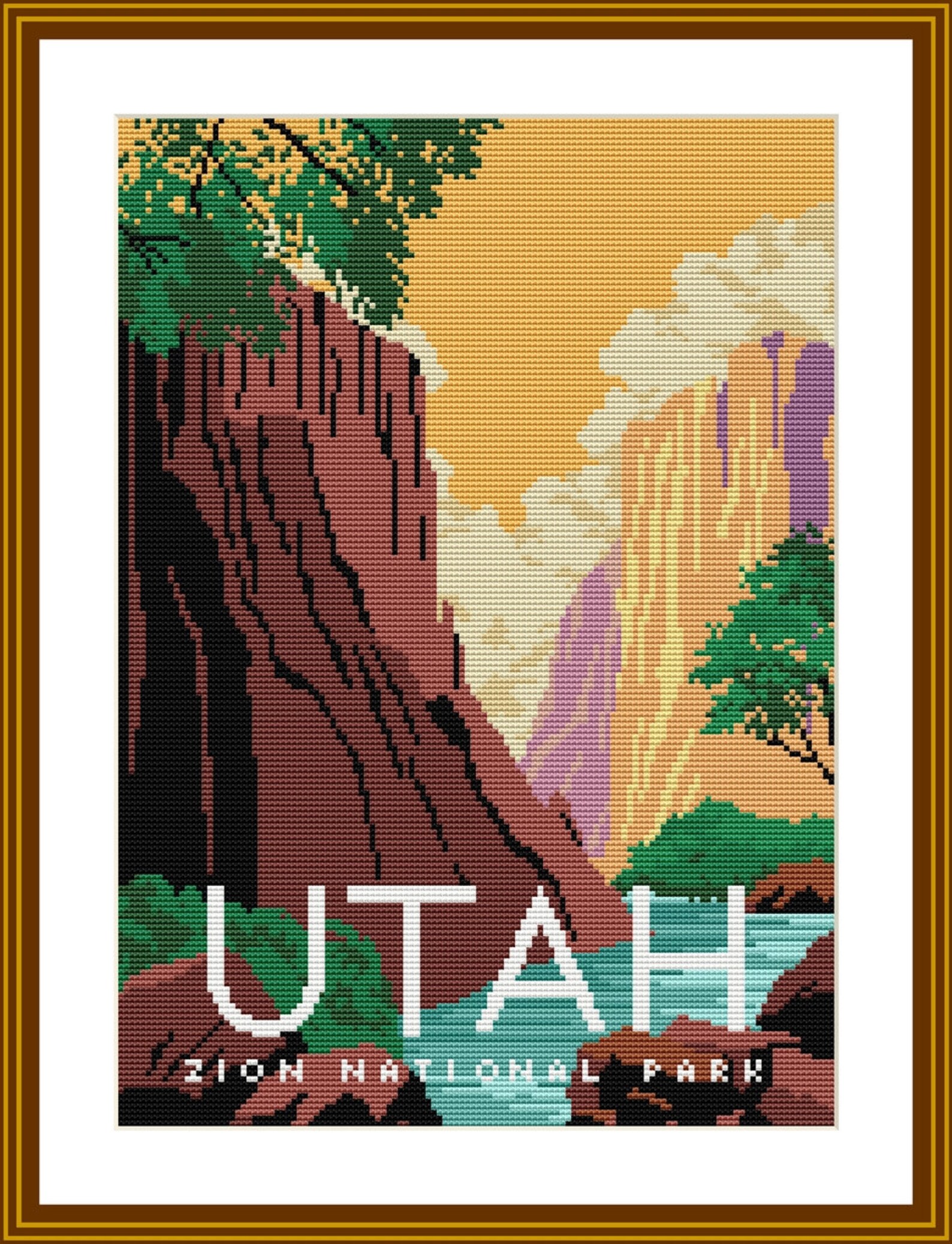 Utah. Zion National Park Cross Stitch Pattern. Retro Travel Poster US ...
