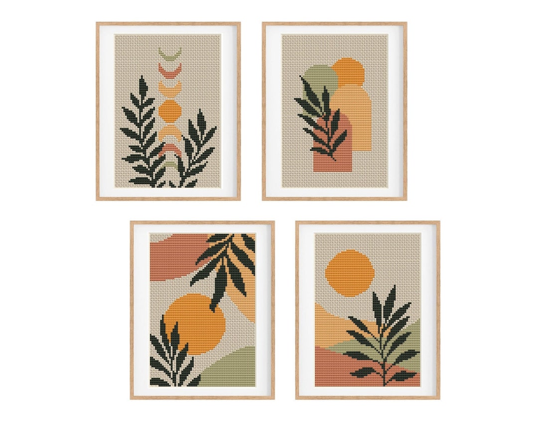 Set of 4 Modern Boho Cross Stitch Patterns, Abstract Nature Cross ...