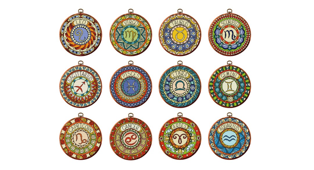 Set of 12 Zodiac Sign Cross Stitch Pattern. Astrological Sign ...