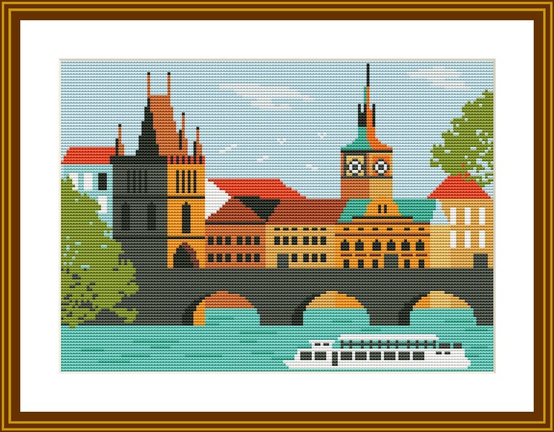 Prague Bridge Cross Stitch Pattern. City Landscape, Houses, Scenic View ...