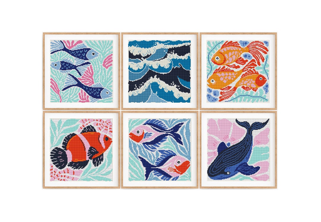 Set of 6 Modern Ocean Water Sea Cross Stitch Patterns, Abstract Nature ...