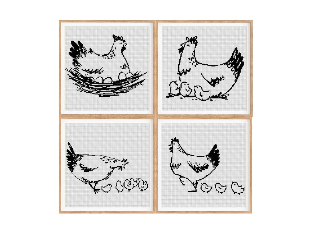 Set of 4 Monochrome Hen Cross Stitch Pattern, Chick, Chicken One Color ...
