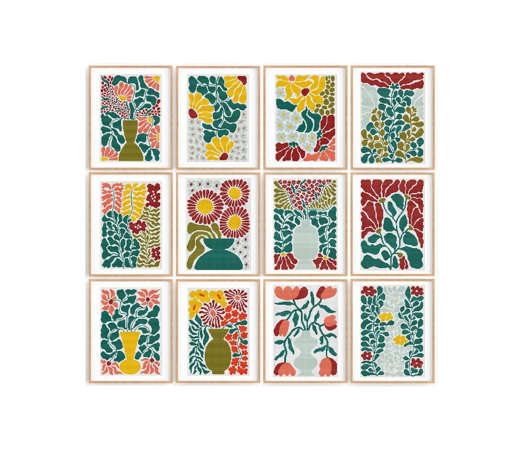 Set of 12 Modern Flowers Cross Stitch Patterns, Abstract Nature Cross ...