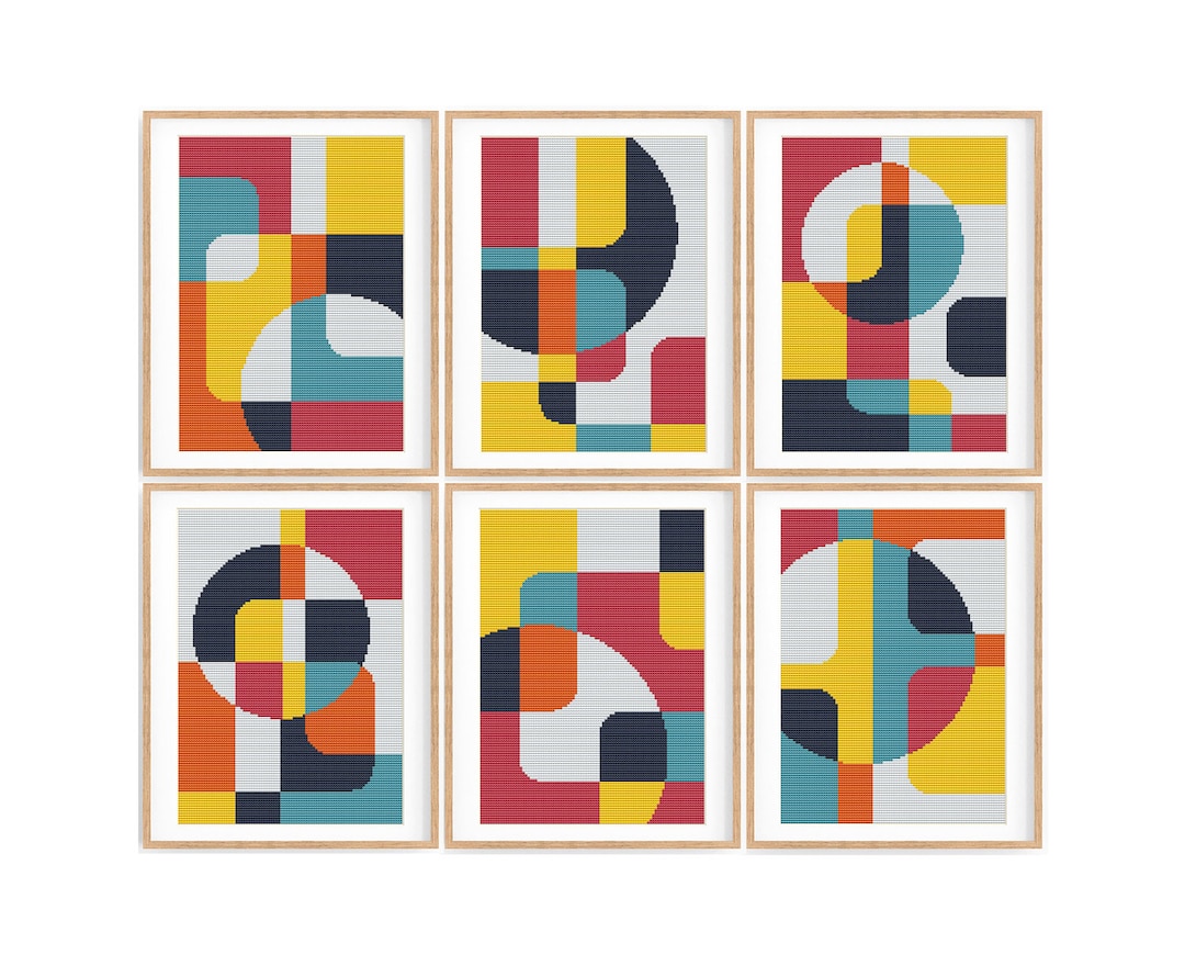 Set of 6 Modern Cross Stitch Patterns, Abstract Colourful Cross Stitch ...