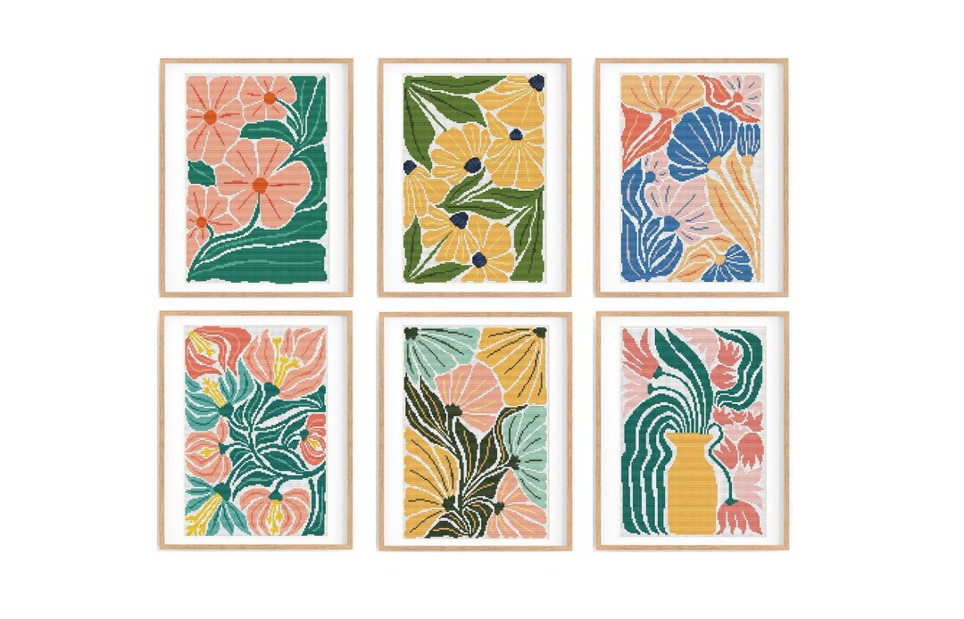Set of 6 Modern Flowers Cross Stitch Patterns, Abstract Nature Cross ...