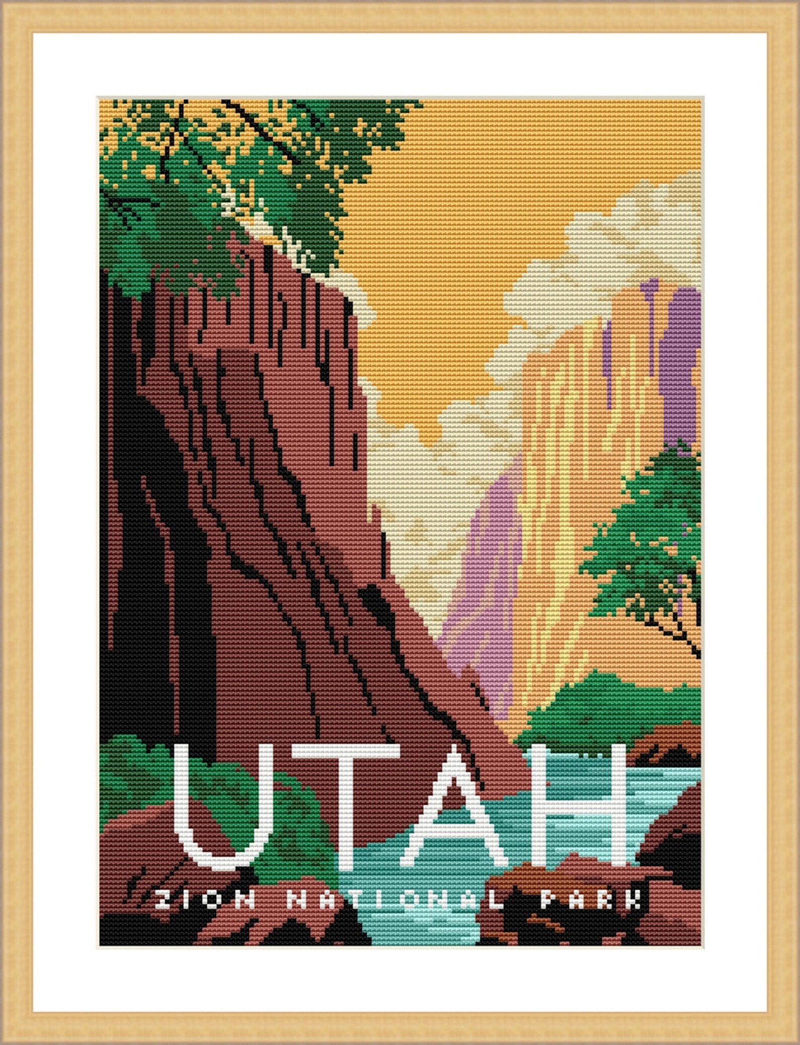 Utah. Zion National Park Cross Stitch Pattern. Retro Travel Poster US ...